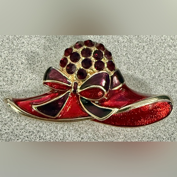 Source Unknown | Jewelry | Red Enamel Rhinestone Gold Hat With Bow ...